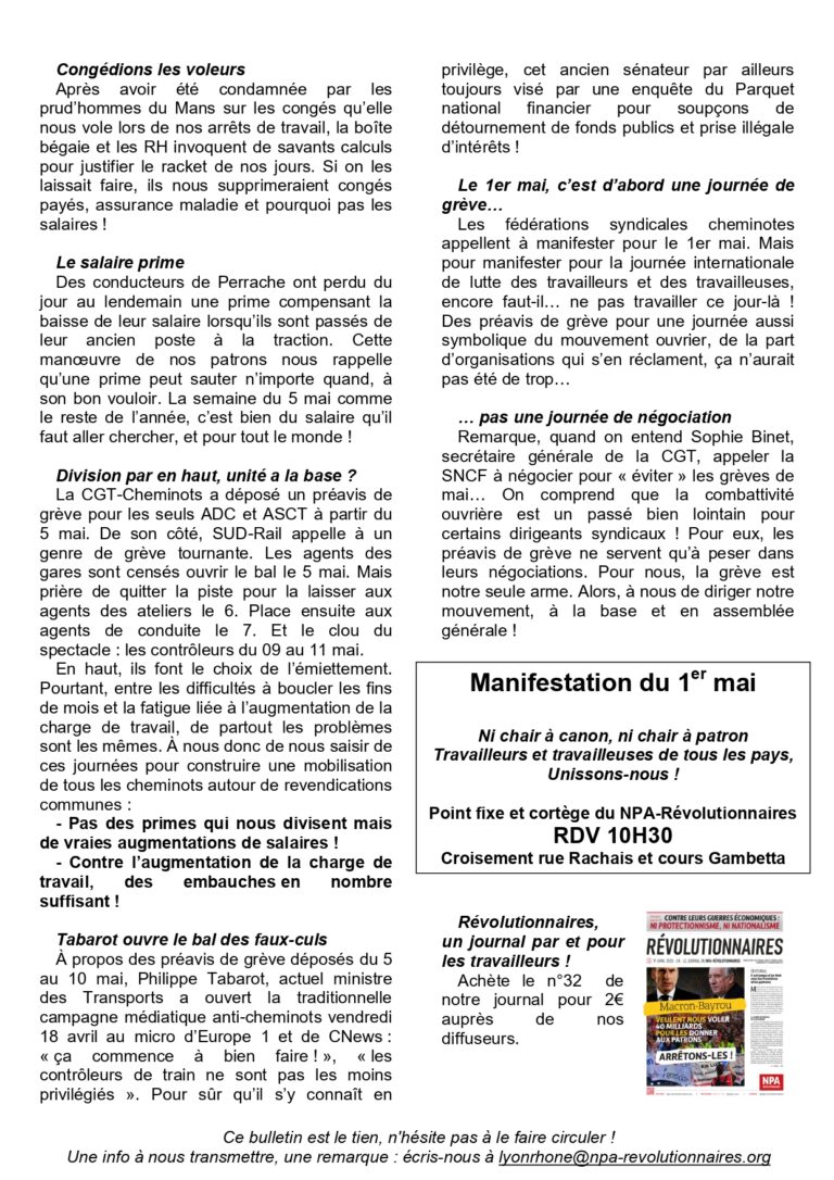 Bulletin cheminot Lyon - NPA Révolutionnaires